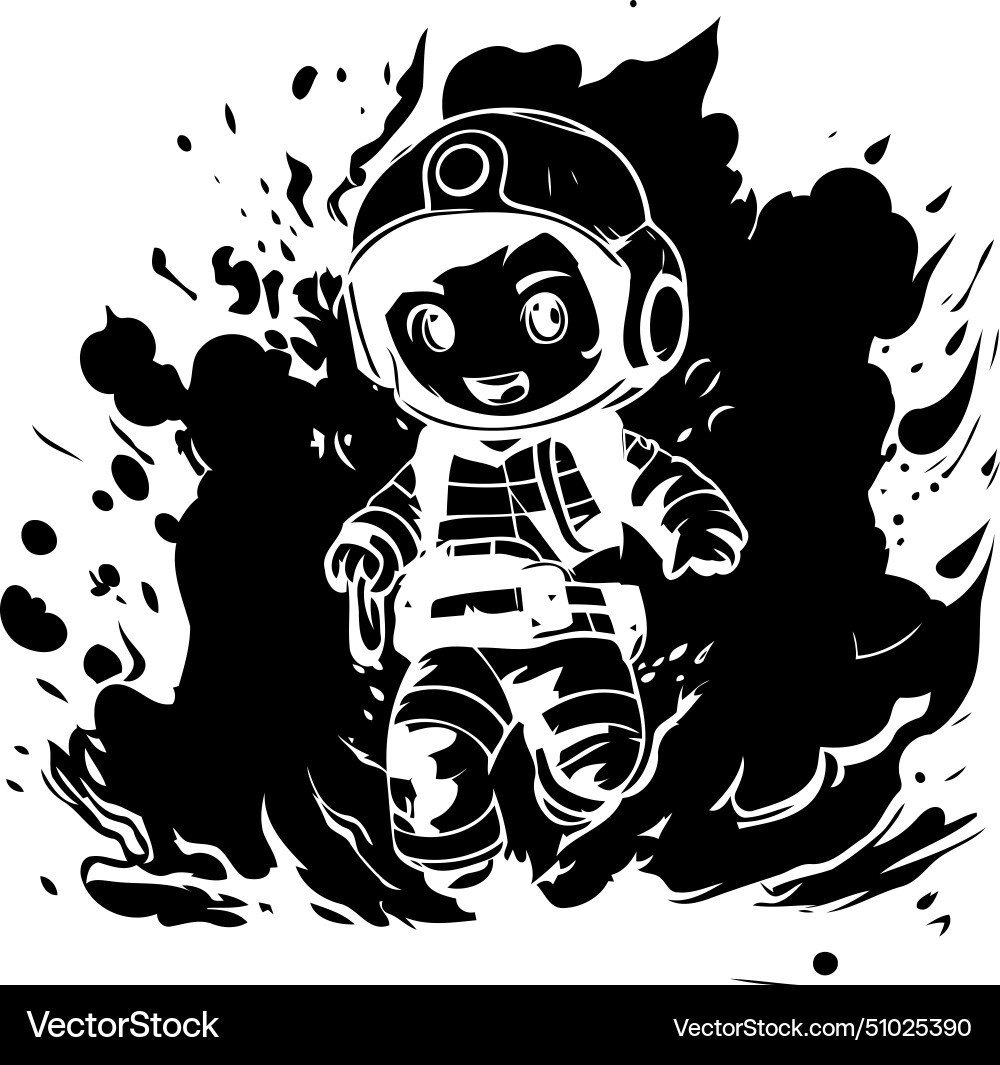 Firefighter boy with helmet on fire flames Vector Image