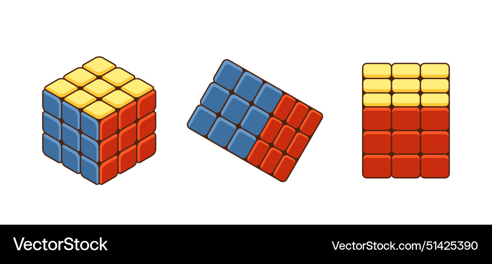 Three rubiks cubes in different states Royalty Free Vector