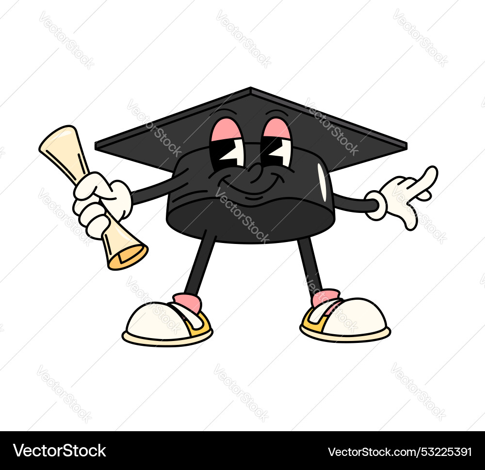 Cartoon groovy school student cap holding diploma Vector Image