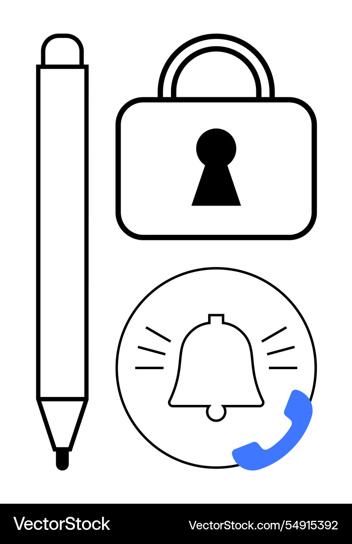 Pen lock notification bell and phone receiver Vector Image