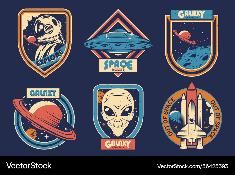 Set of space label or cosmic patch sign Royalty Free Vector