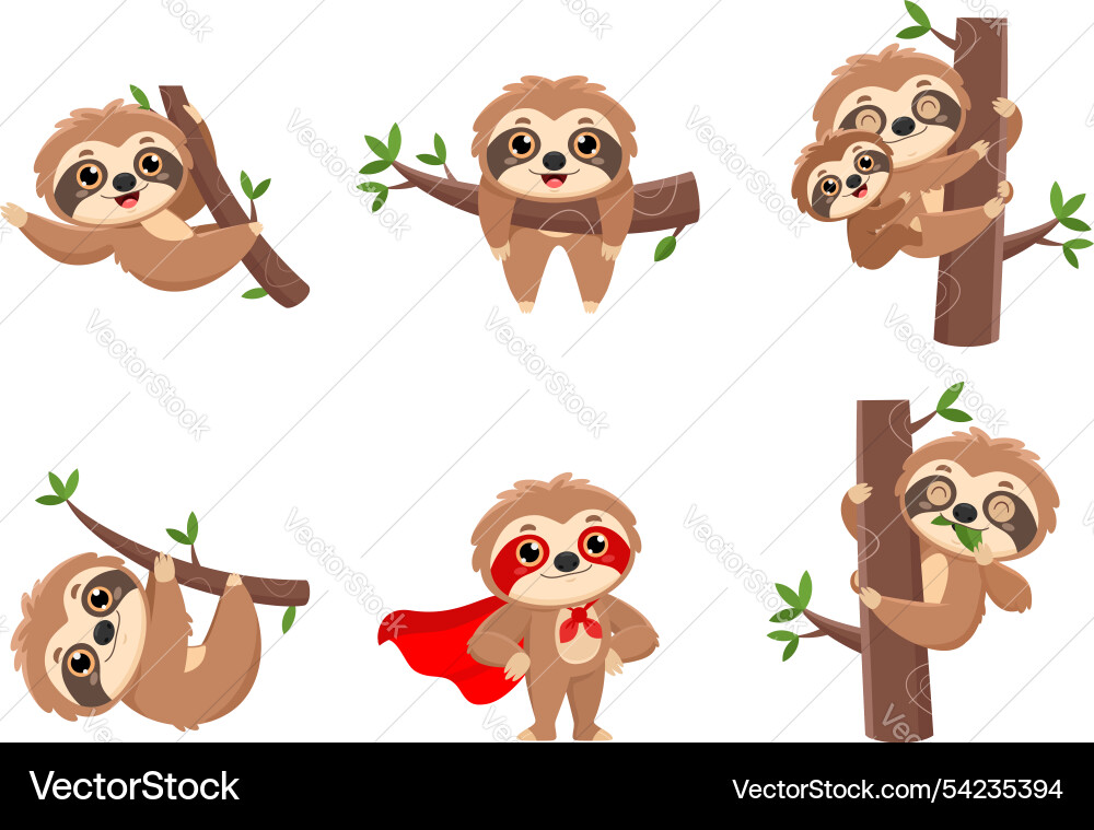 Cute sloth cartoon characters collection set Vector Image
