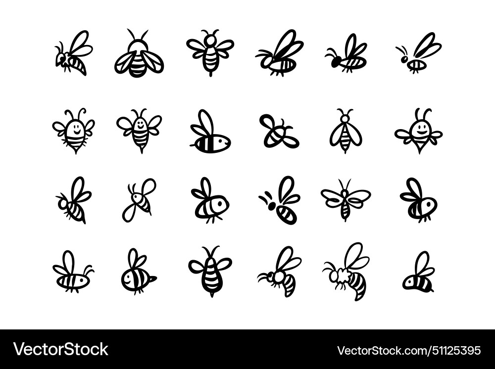 Doodle hand drawn bee set cartoon outline line Vector Image