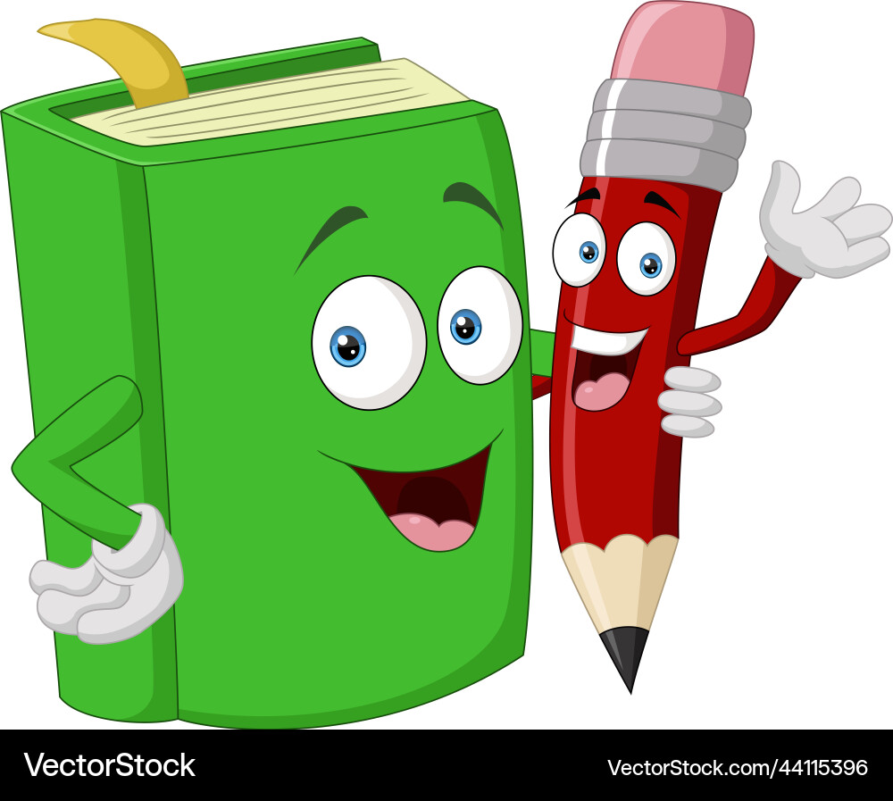 Adorable Book and Pencil Cartoon Royalty Free Vector Image