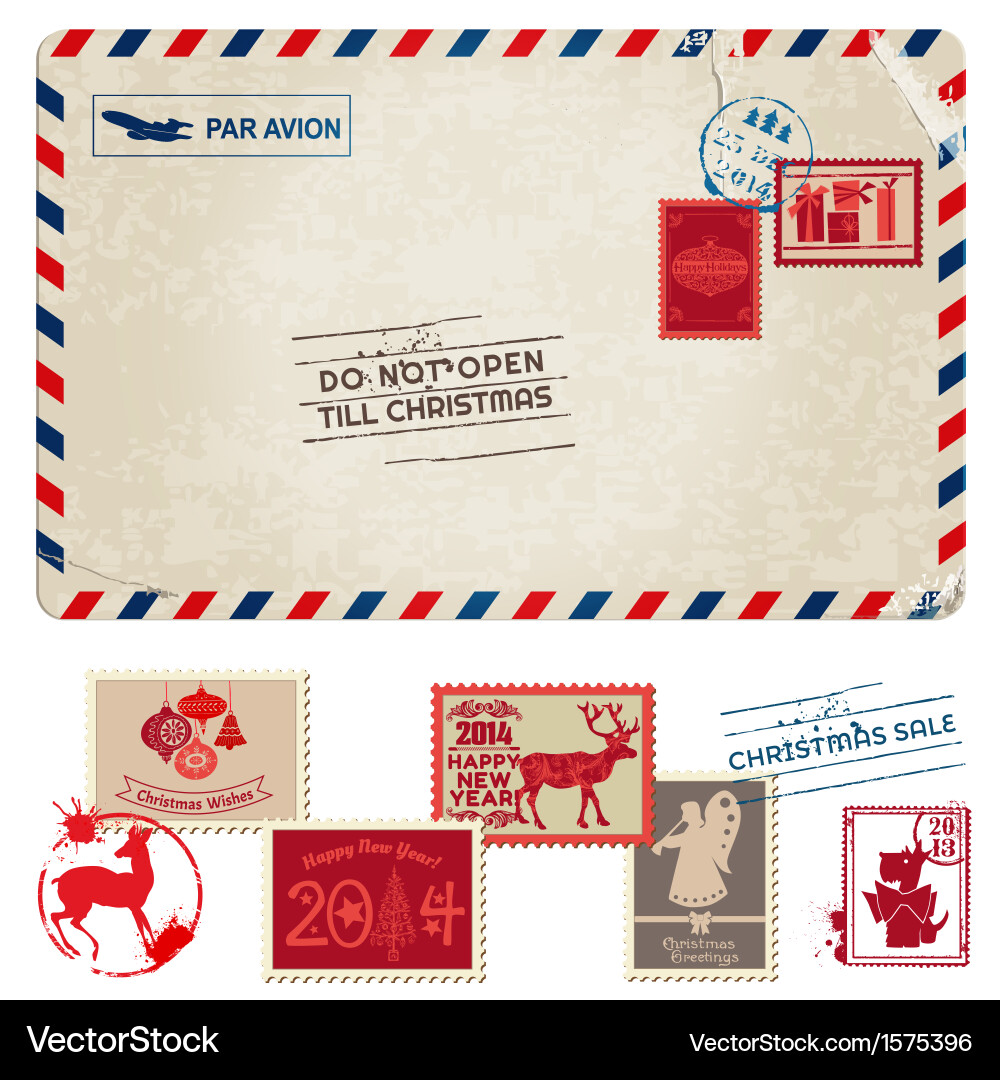 Vintage Christmas Postcard with Stamps – Royalty-Free Vector | VectorStock