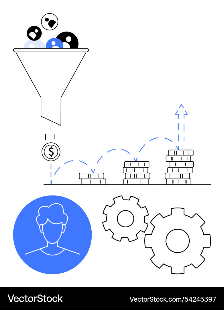 Sales funnel with coins stacks growth user Vector Image