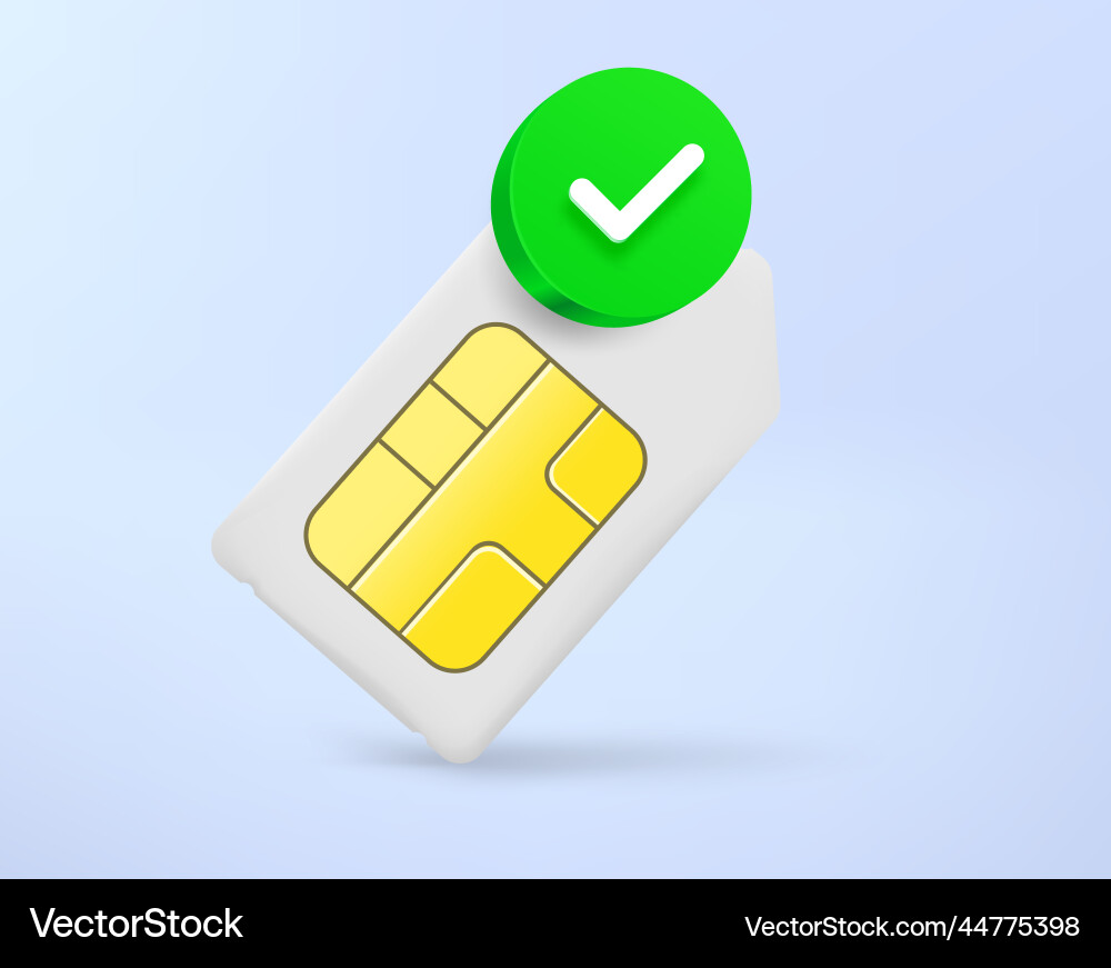Mobile phone sim card with green checkmark 3d icon