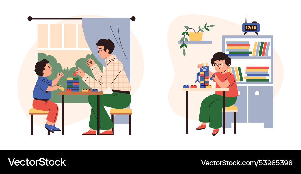 Set shows young kids assembling lego Royalty Free Vector