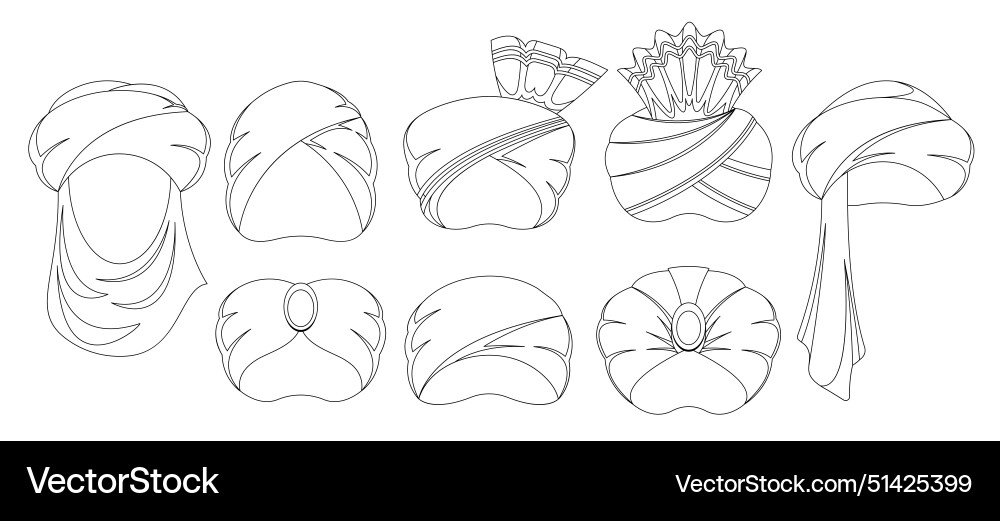 Eastern turbans outline black and white Royalty Free Vector
