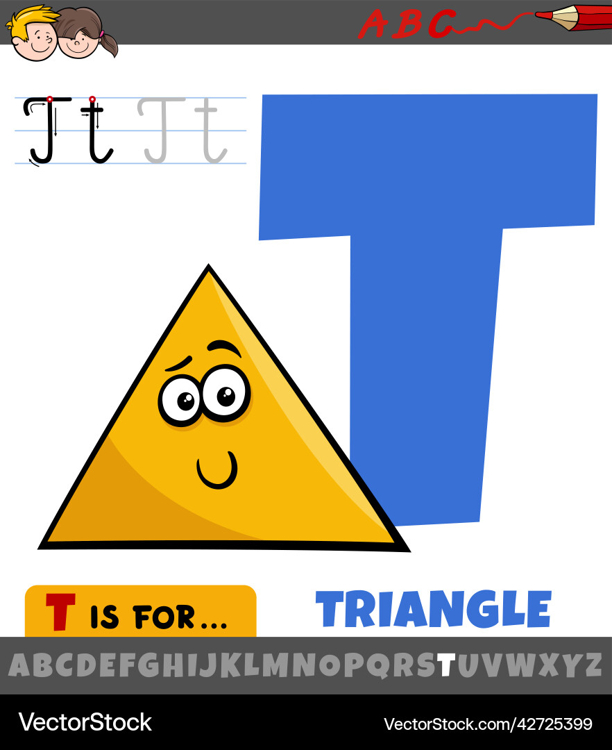 Letter t from alphabet with cartoon triangle Vector Image
