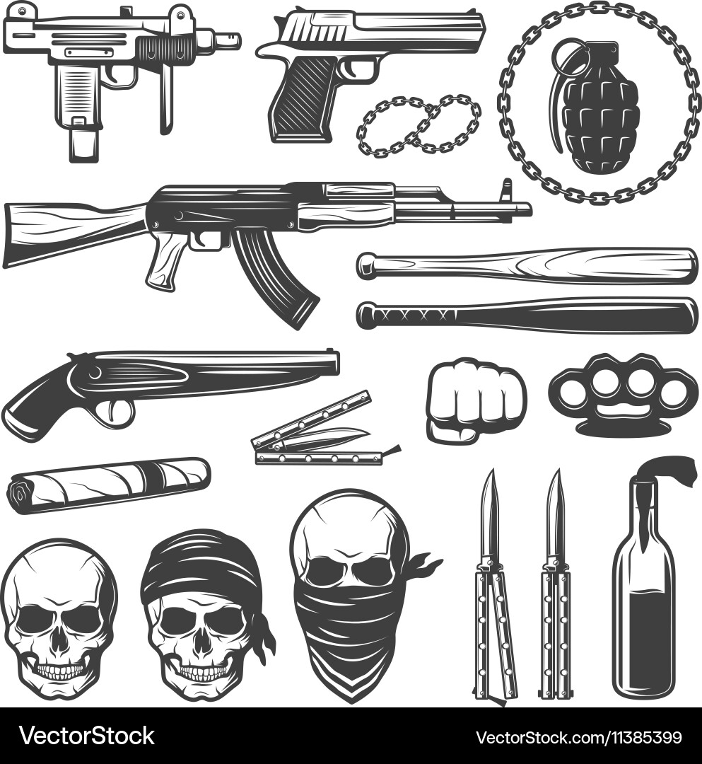 Monochrome gangster elements set Royalty Free Vector Image