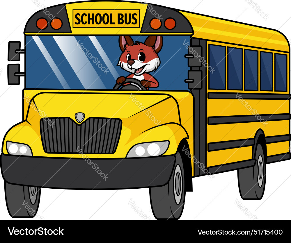 Fox on school bus cartoon Royalty Free Vector Image