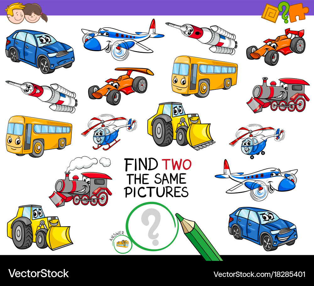 Find two the same vehicles activity game Vector Image