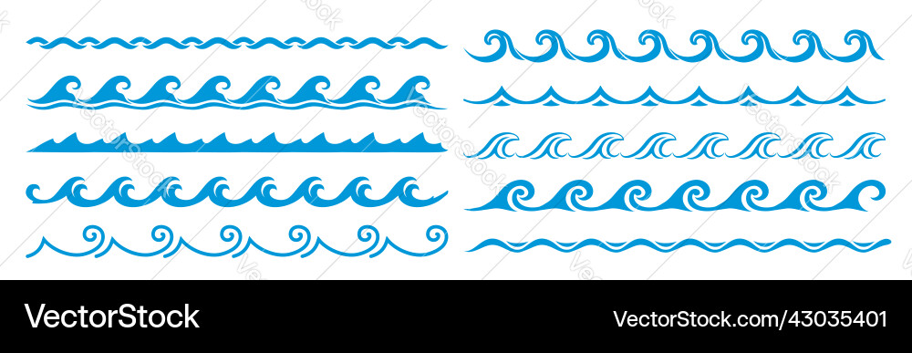 Sea and ocean surf wave lines blue water borders Vector Image