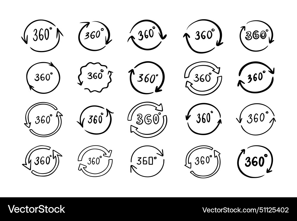 Doodle 360 degree hand drawn outline style set Vector Image