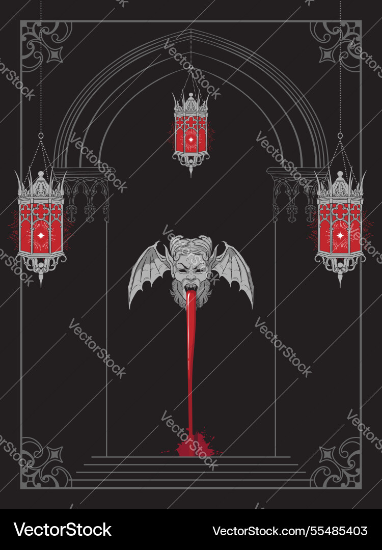 Gothic arch with lanterns and vampire head Vector Image