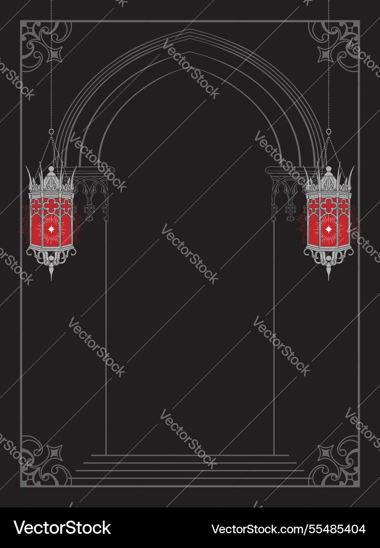 Gothic arch with lanterns postcard poster Vector Image