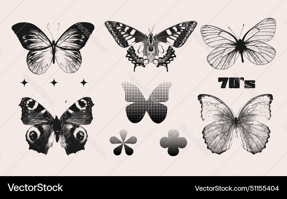 Photocopy butterfly halftone collage elements set Vector Image