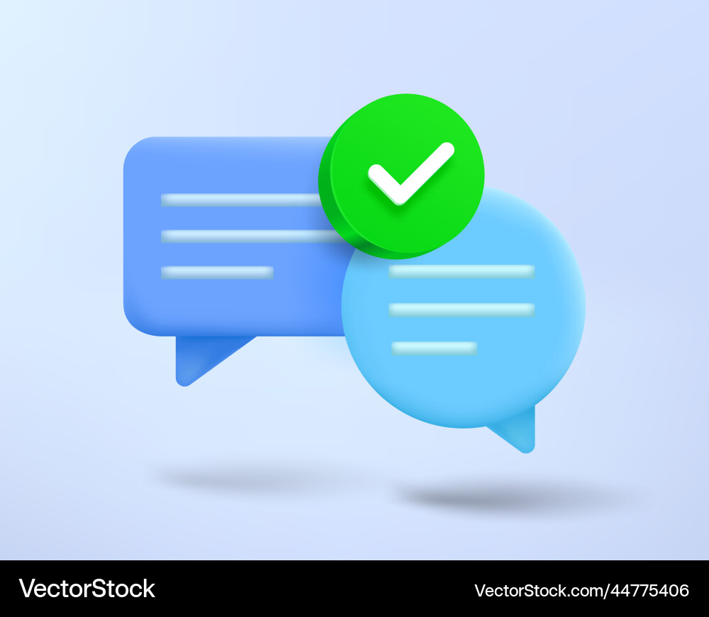 Blue chat clouds with green checkmark 3d icon Vector Image