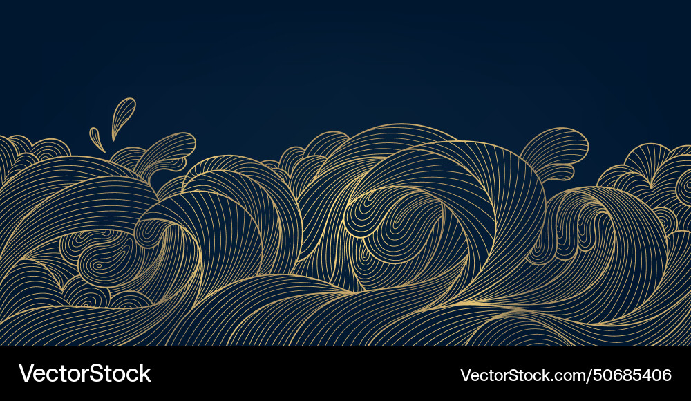 Golden ocean waves pattern japanese style Vector Image