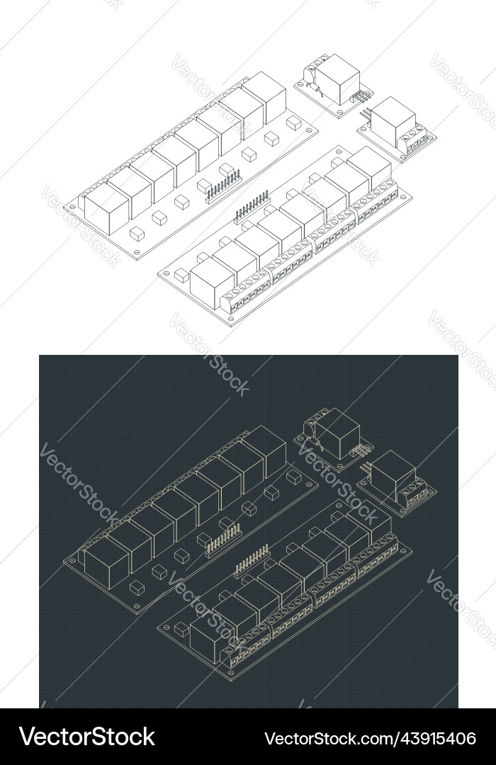 One and eight channel relays isometric blueprints Vector Image