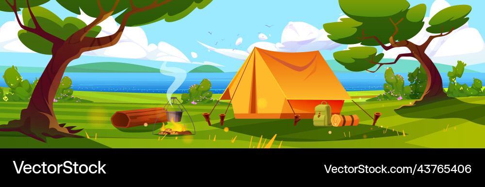 Summer camp with bonfire and tent on river coast Vector Image