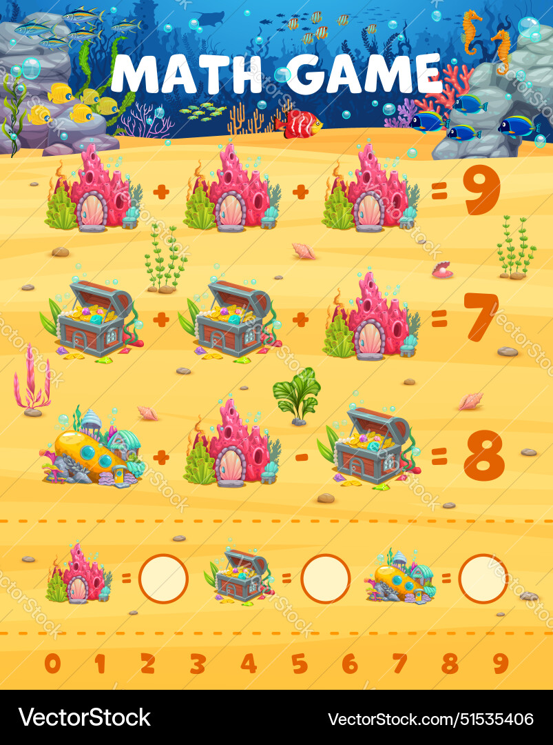 Underwater fairytale houses math game worksheet Vector Image