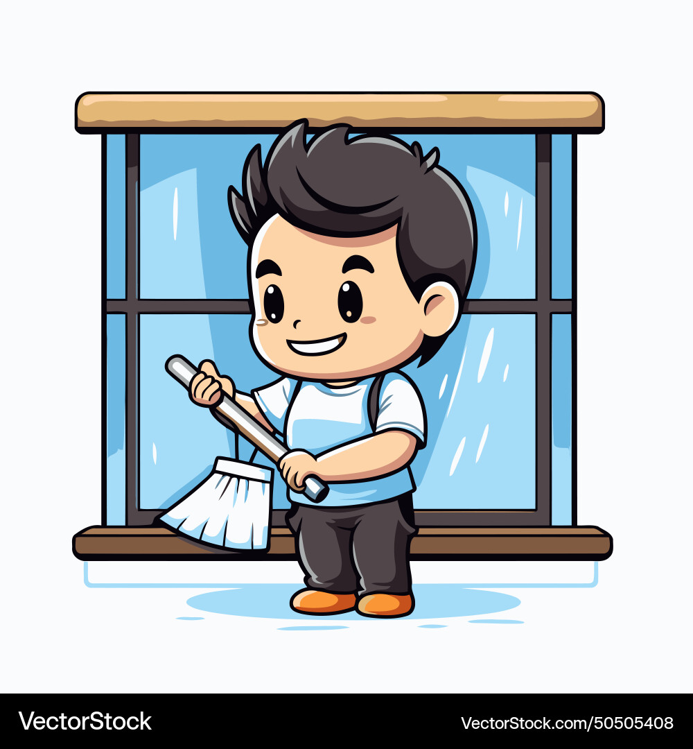 Boy cleaning window - cartoon isolated on white Vector Image