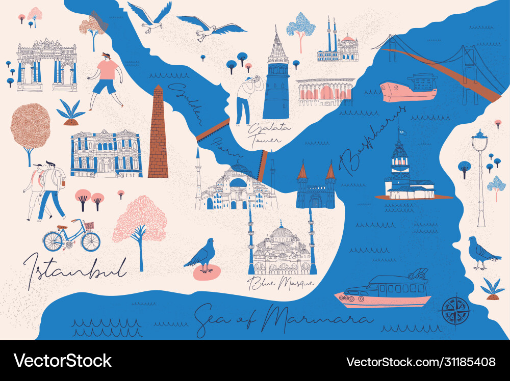 Cartoon map istanbul with legend icons Royalty Free Vector