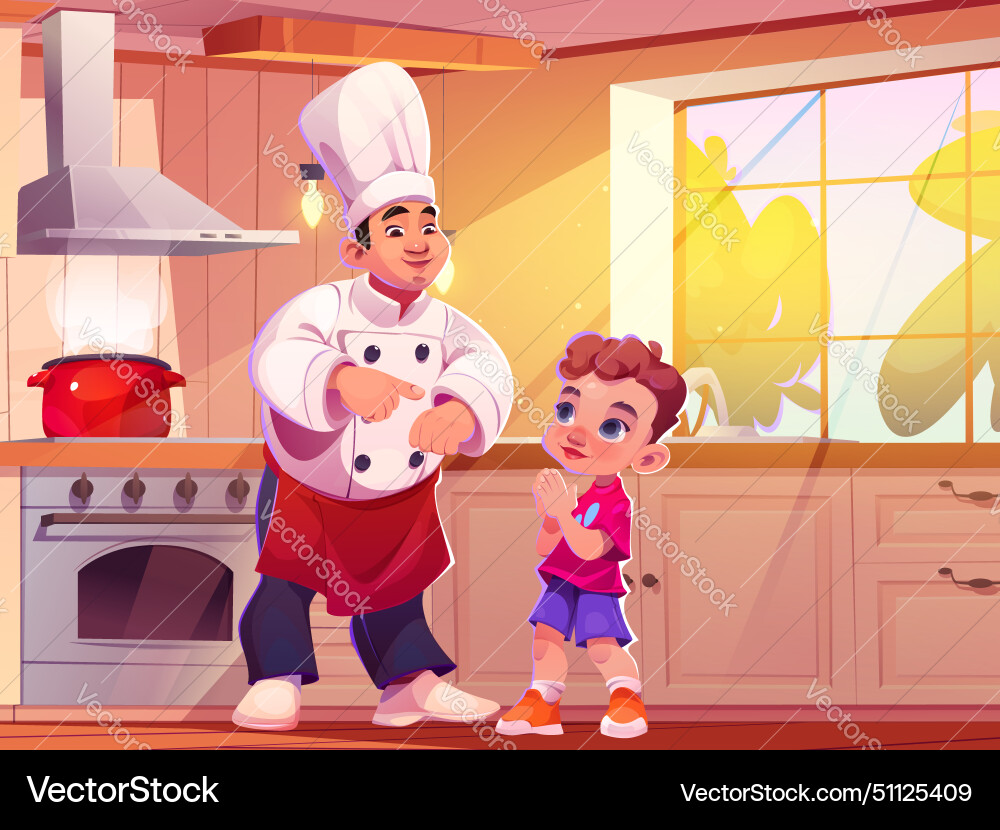Chef teaching boy to cook in kitchen Royalty Free Vector