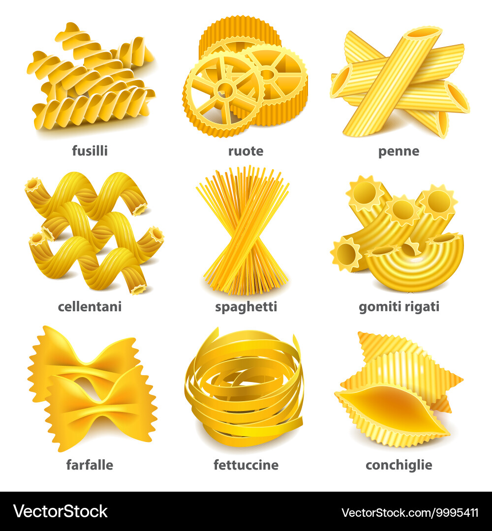 Pasta types icons set Royalty Free Vector Image