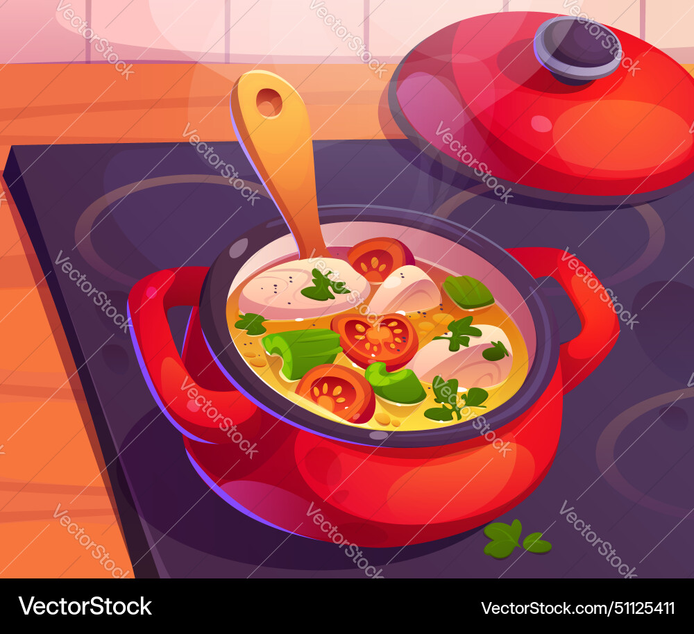 Red pan with vegetables soup on kitchen stove Vector Image
