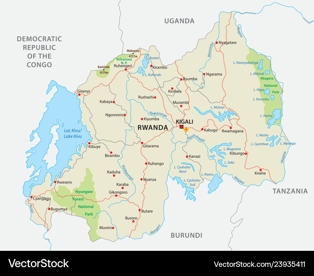 Rwanda road and national park map Royalty Free Vector Image