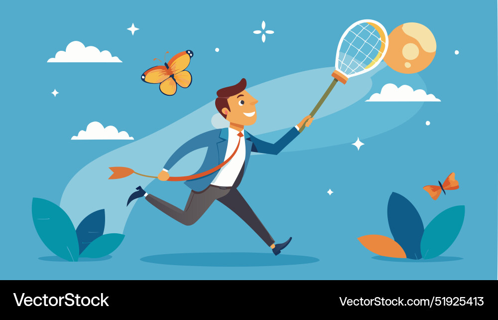 Businessman chasing ideas with butterfly net Vector Image