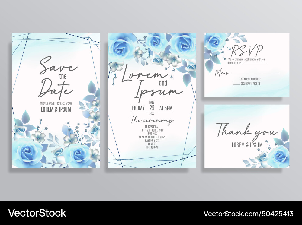Wedding invitation template with blue roses Vector Image
