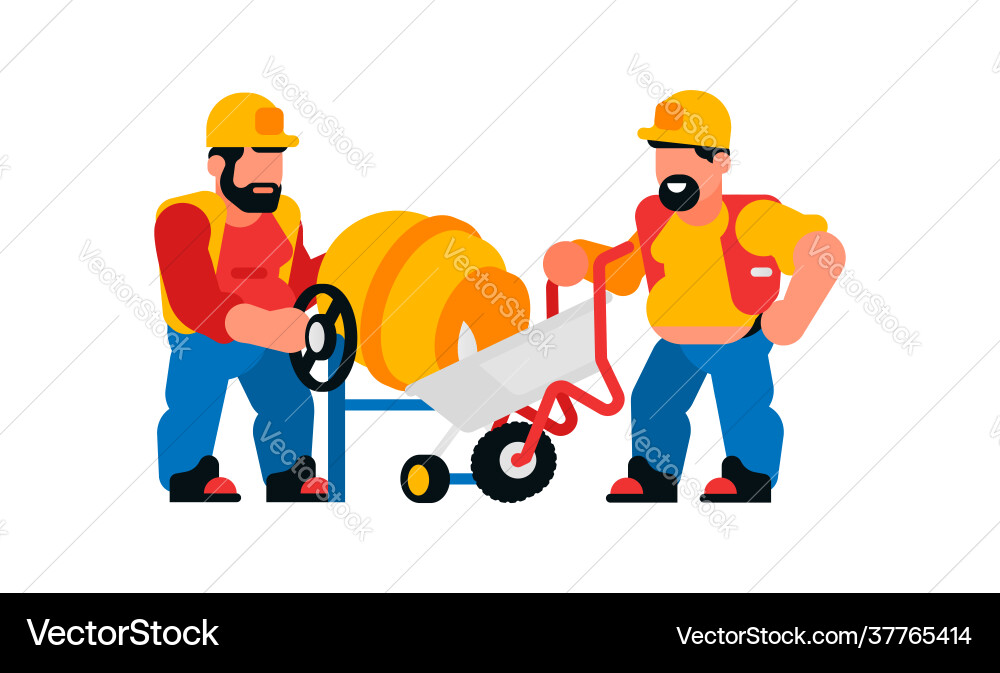 Workers and concrete mixer men builders Royalty Free Vector