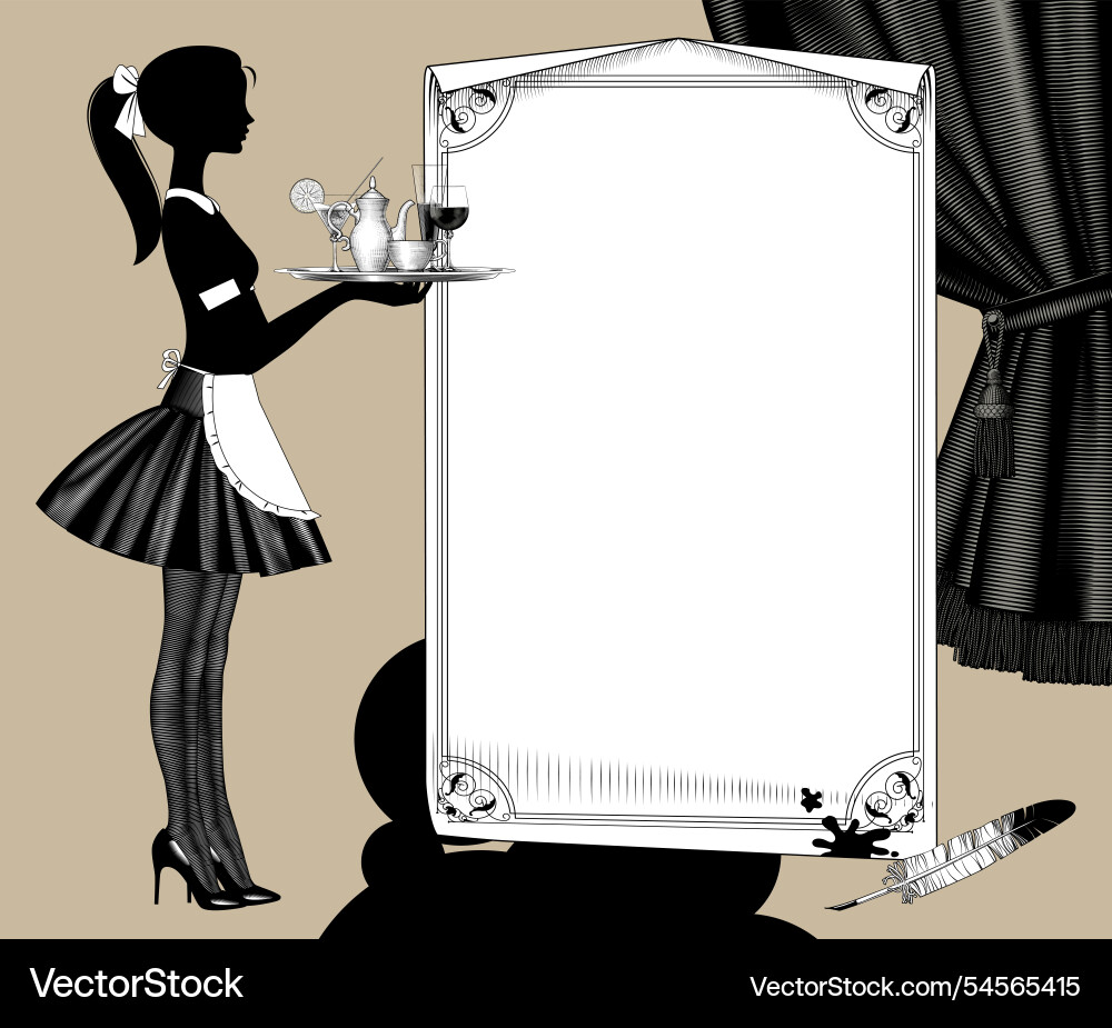 An artistic menu template with a young waitress Vector Image