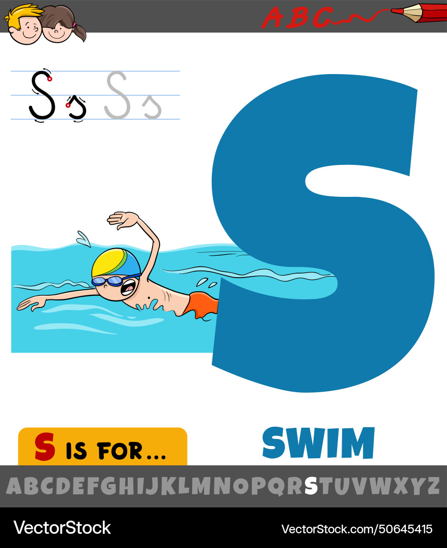 Letter s worksheet with cartoon swim phrase Vector Image