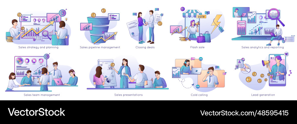 Sales management flat set Royalty Free Vector Image