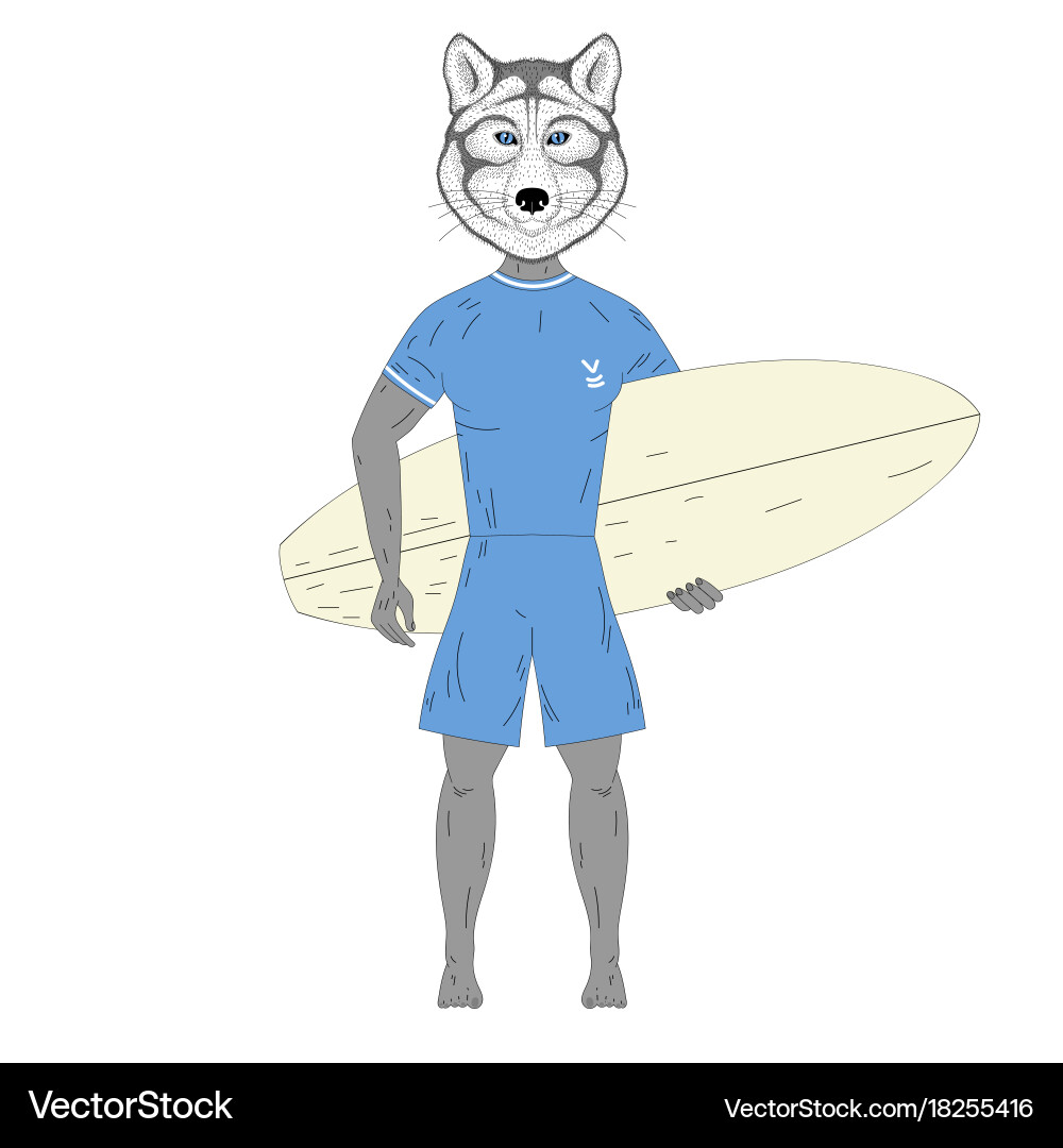 Cute surfer wolf with surfboard Royalty Free Vector Image