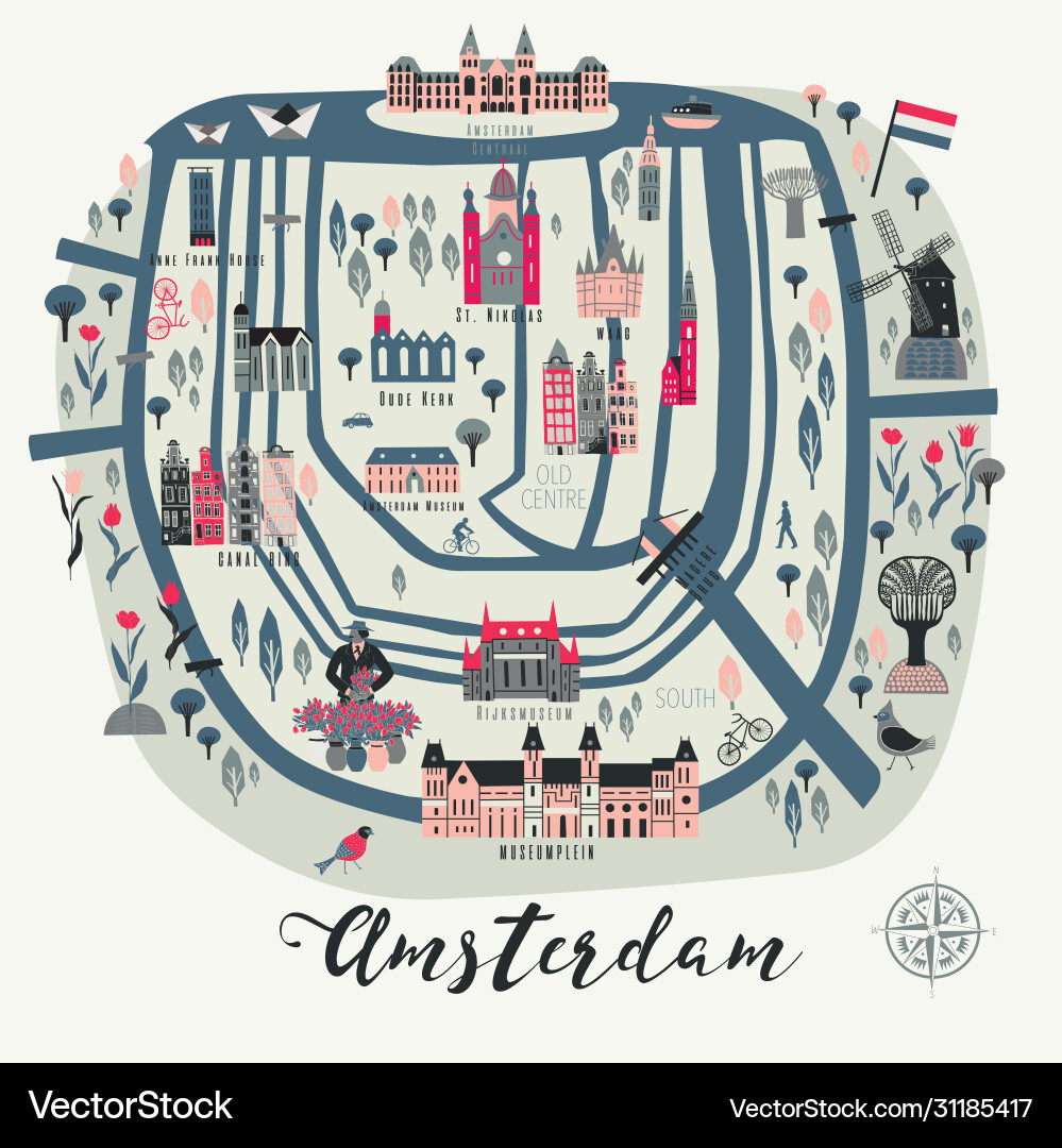 Cartoon map amsterdam with legend icons Royalty Free Vector