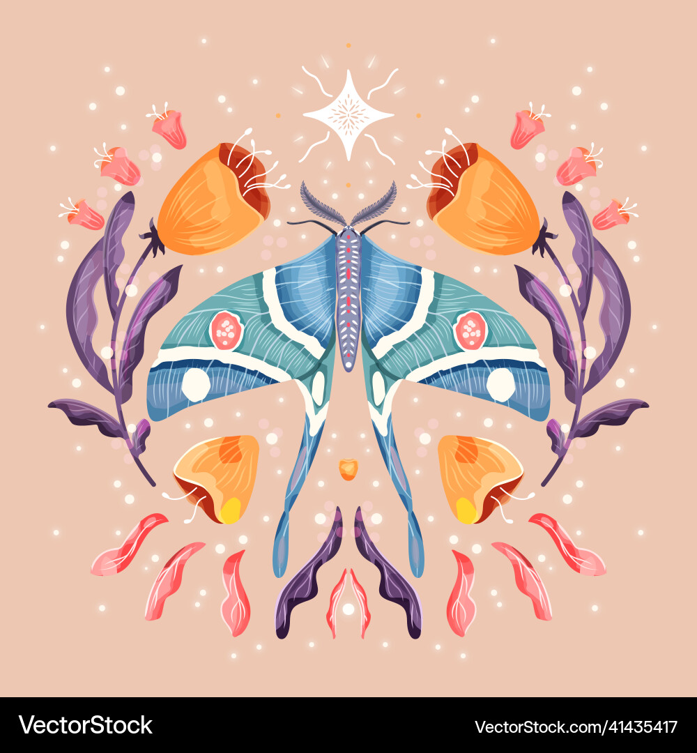 Moth and floral motifs pattern design Royalty Free Vector