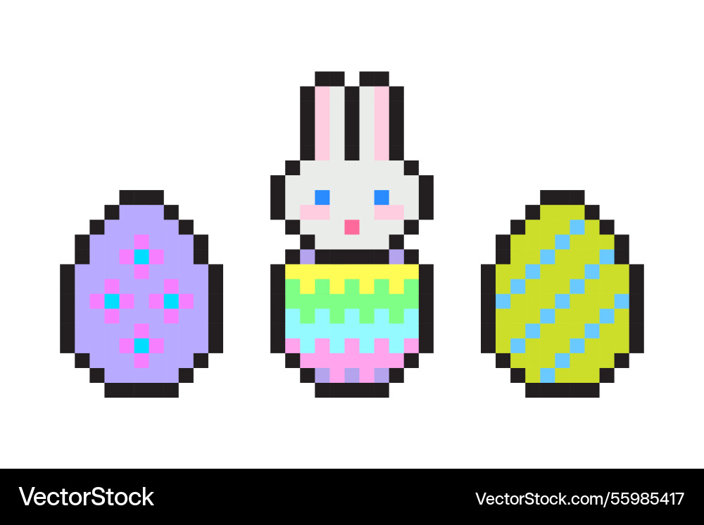 Pixel easter bunny colorful egg set festive Vector Image
