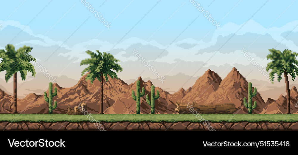 8 bit pixel prairie desert landscape and mountains