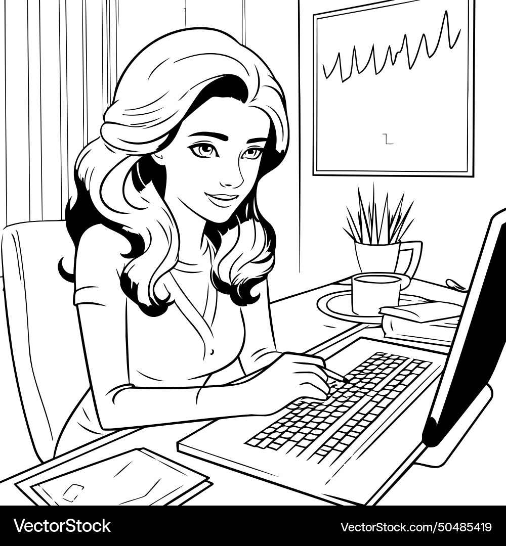 Beautiful woman working on computer at home black Vector Image