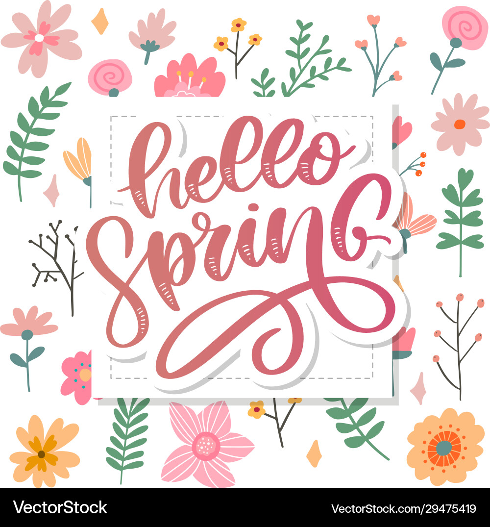 Hello spring flowers text background lettering Vector Image