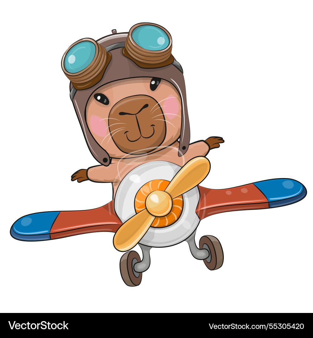 Cartoon capybara in a pilot hat is flying on a Vector Image
