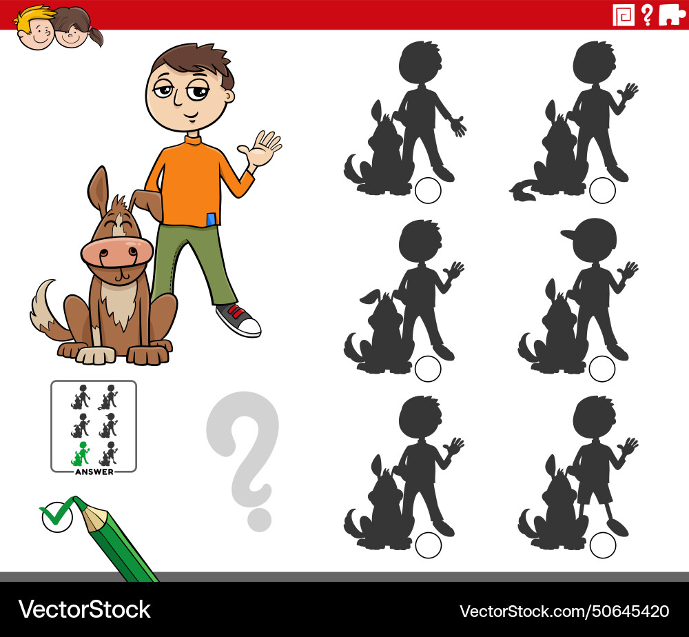 Shadow activity game with cartoon boy and his dog Vector Image