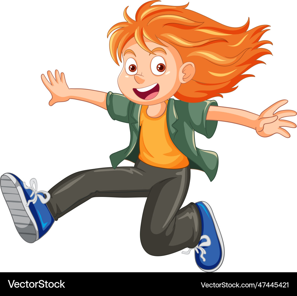 Cheerful Abenteuer Mädchen springen Cartoon Charakter