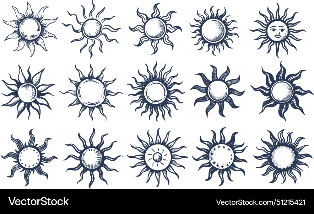 Doodle suns icons hand drawn sun with rays sketch Vector Image